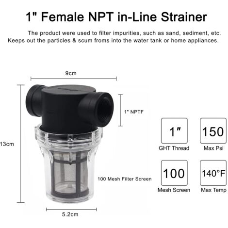 1" Water Pump Filter with 100 Mesh Stainless Steel Screen, Inline ...