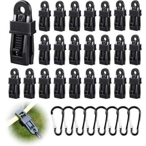 32 Pièces Attache Bache Piscine Set, 24 Pince pour Bache et 8 Mousqueton, Fixation Bache pour ...