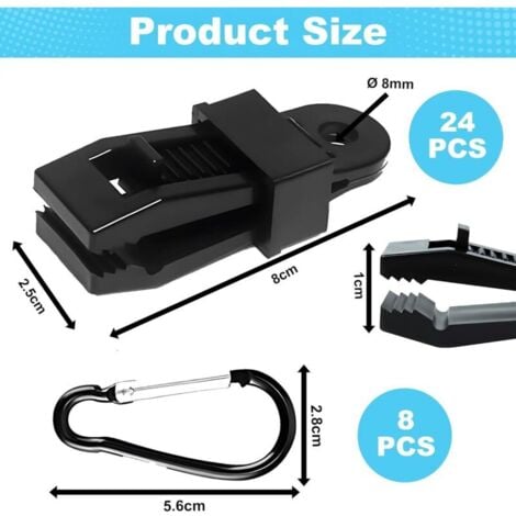 32 Pièces Attache Bache Piscine Set, 24 Pince pour Bache et 8 Mousqueton, Fixation Bache pour ...