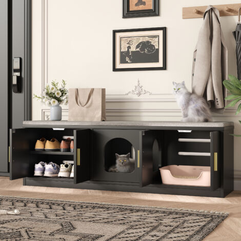 Cache litière design pour chat meuble long de couloir bois et noir ...