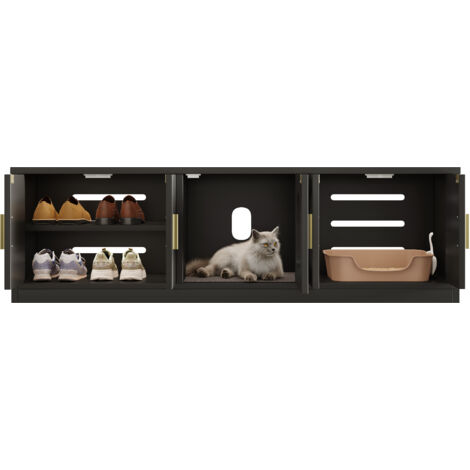 Cache litière design pour chat meuble long de couloir bois et noir ...
