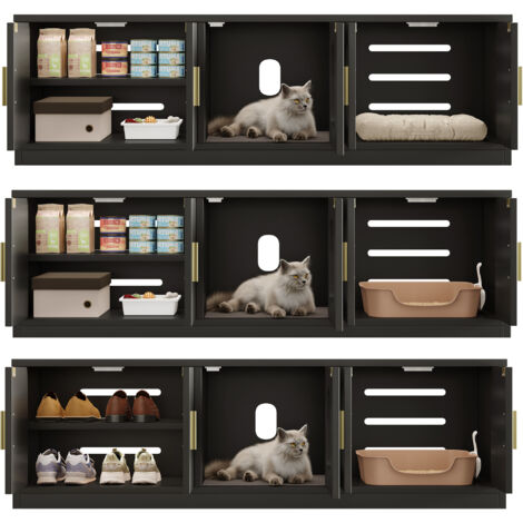 Cache litière design pour chat meuble long de couloir bois et noir ...