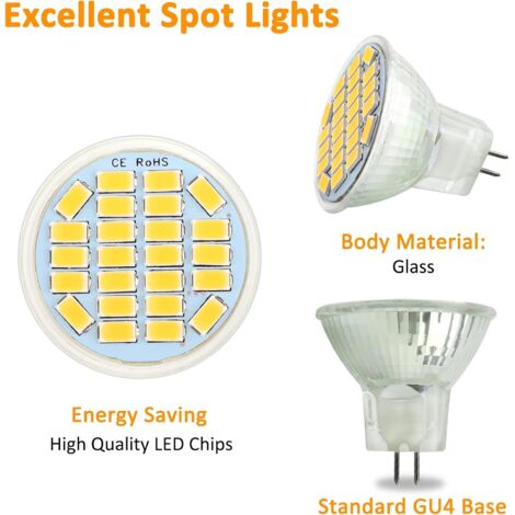 Foco LED MR11 GU4 de 12 V, 3 W, blanco cálido, 3000 K, 350 LM, 120°, 35 mm, equivalente a ...