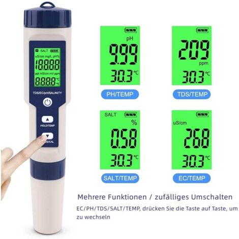 Medidor de pH 5 en 1: pH/TDS/EC/salinidad/temperatura, monitor de calidad del agua para piscinas ...