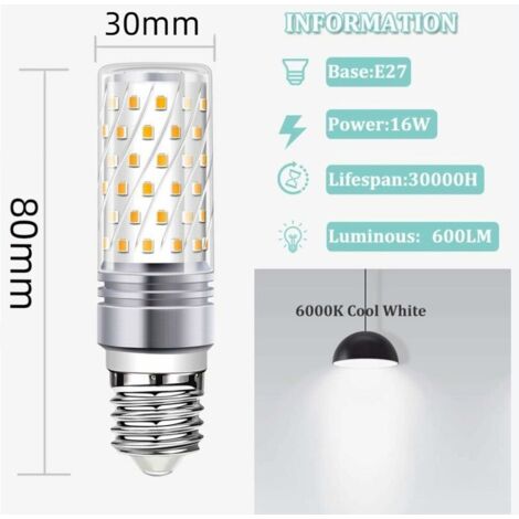 Bombilla LED E27, 16 W, tipo maíz, luz cálida de 6000 K, 900 lm, brillante, CA 230 V, lámpara ...