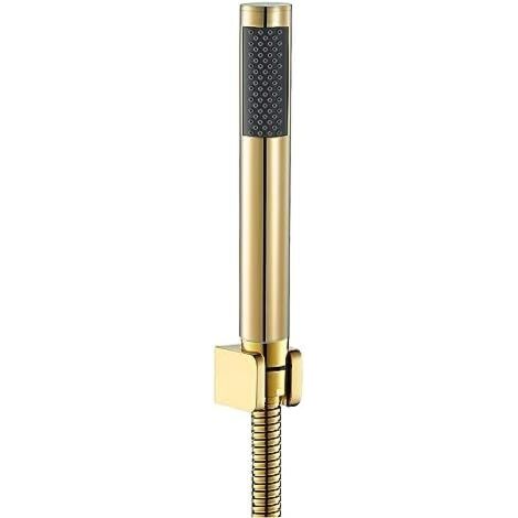 Goldene Handbrause, runder Handbrausekopf aus Messing, an der Wand ...