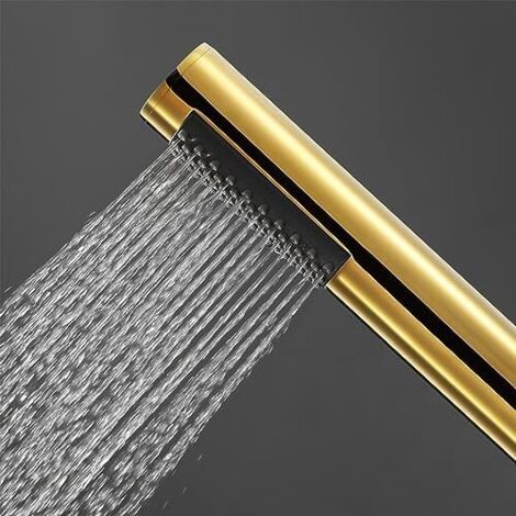 Goldene Handbrause, runder Handbrausekopf aus Messing, an der Wand ...