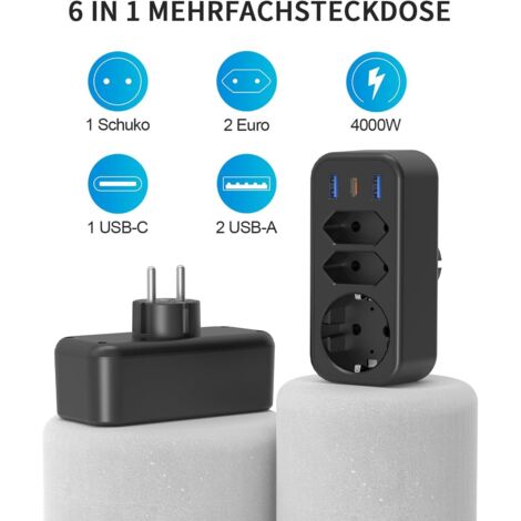 6 in 1 Mehrfachstecker Steckdosenadapter mit 1 PD20W USB C, 4000W/16A 3 ...