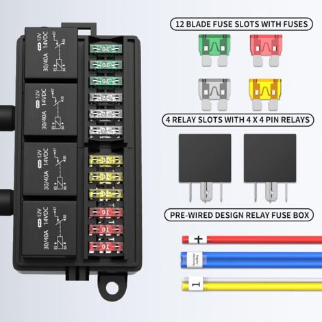 Caja de relés y fusibles automotrices precableada de 12 V con 4 relés y ...
