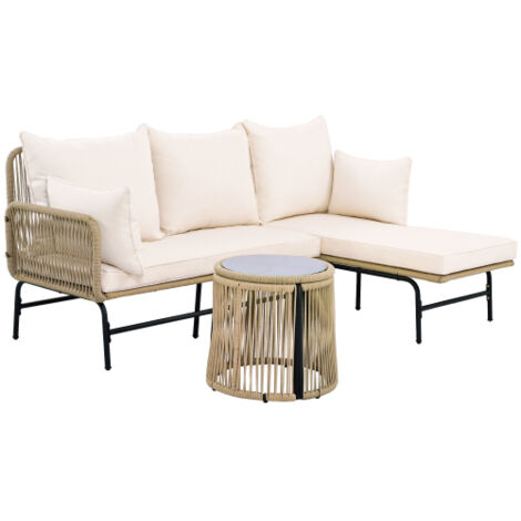 Salon de jardin en L beige avec table basse chic terrasse 5 places ...