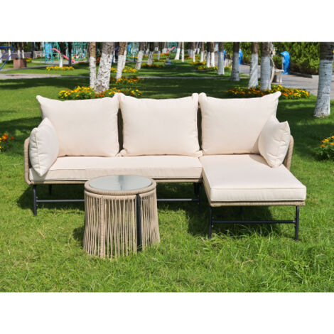 Salon de jardin en L beige avec table basse chic terrasse 5 places ...