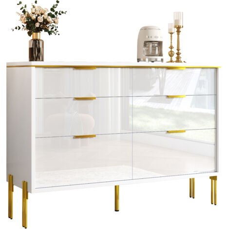 Buffet six tiroirs blanc doré finition brillante grand espace rangement ...