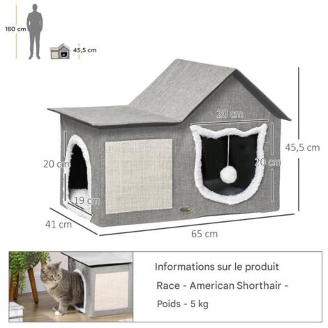 Maison chat avec griffoir balle jeu et niche 65x41x45,5cm marron blanc ...