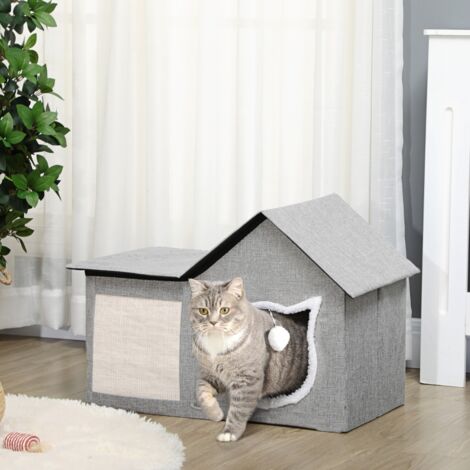 Maison chat avec griffoir balle jeu et niche 65x41x45,5cm marron blanc ...