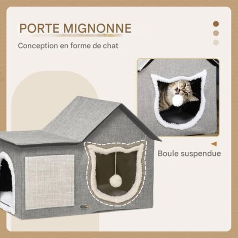 Maison chat avec griffoir balle jeu et niche 65x41x45,5cm marron blanc ...