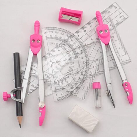 Set di geometria, compasso, righello, goniometro, per studenti, rosa