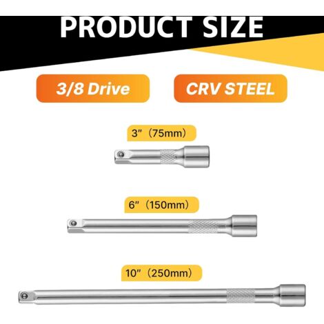 Extensión de trinquete de 3/8, extensión de 3/8 75 mm, 150 mm, 250 cm ...