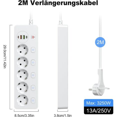 Regleta de 5 enchufes conmutables individualmente, regleta con 2 USB A ...