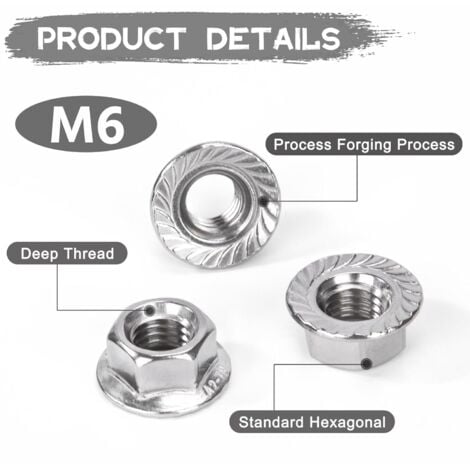 Tuercas de brida M6, tuerca de seguridad de acero inoxidable, tuerca de ...