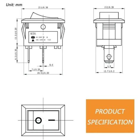 Interruptor basculante Mini T85 KCD1-101, SPST de 2 pines con cableado ...