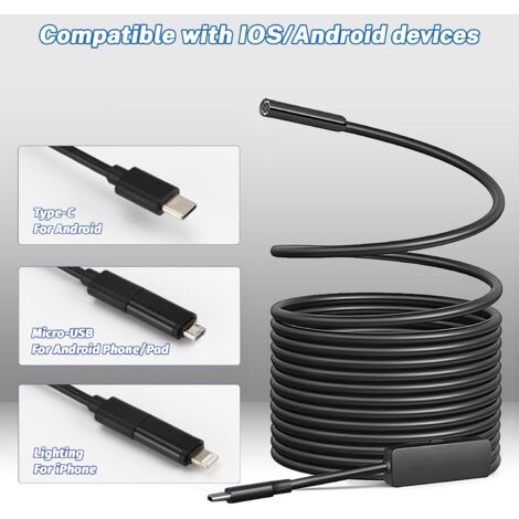 Caméra endoscopique 5m : endoscope avec 8 lumières LED compatible avec ...