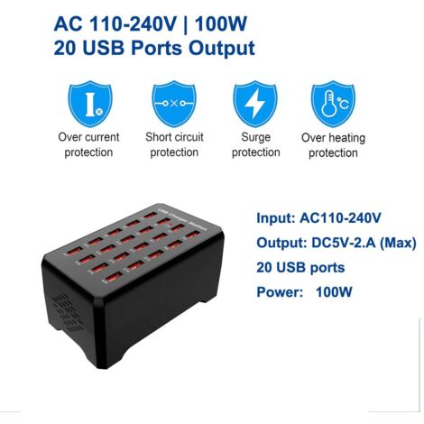 20-Port-USB-Ladestation 100 W/20 A, Multi-Port-USB-Ladegerät für ...