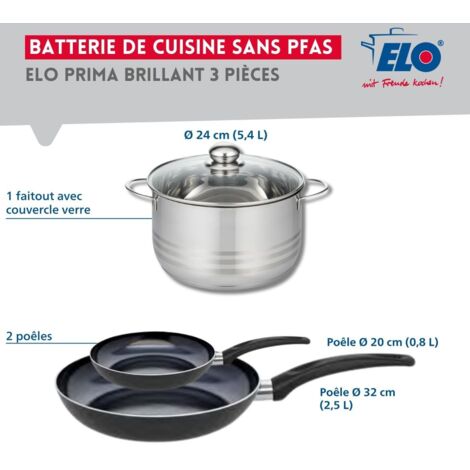 Poêles 20 32 cm et faitout 24 cm Elo Prima Brillant inox pour induction ...