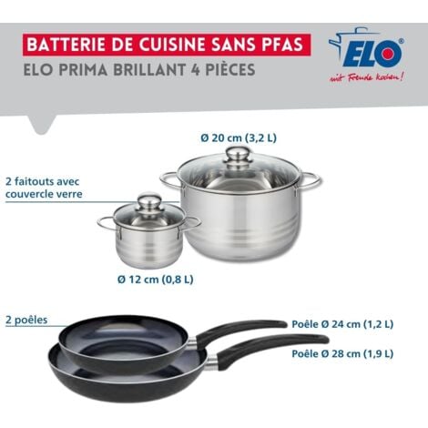 Ensemble de 2 Poêles de cuisson 24 et 28 cm et 2 faitouts 12 et 20 cm Elo Prima Brillant