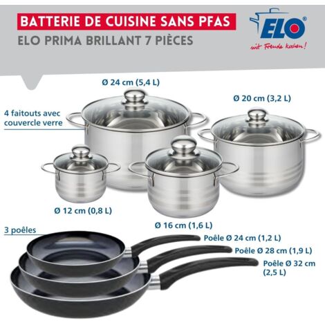Ensemble de 3 Poêles de cuisson 24, 28 et 32 cm et 4 faitouts 12, 16, 20 et 24 cm Elo Prima Brillant