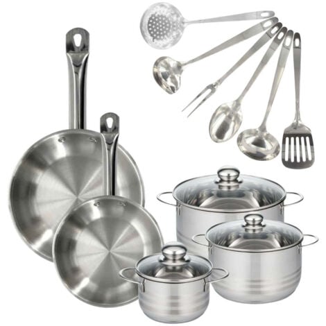 Set 2 poêles 24 et 28 cm en inox, 3 faitouts inox 16, 20 et 24 cm et 6 ustensiles inox ...