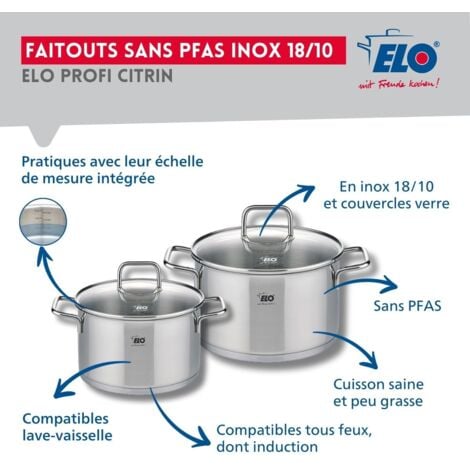 Ensemble de 3 Poêles de cuisson 24, 28 et 32 cm et 2 faitouts 16 et 20 cm Elo Profi Citrin