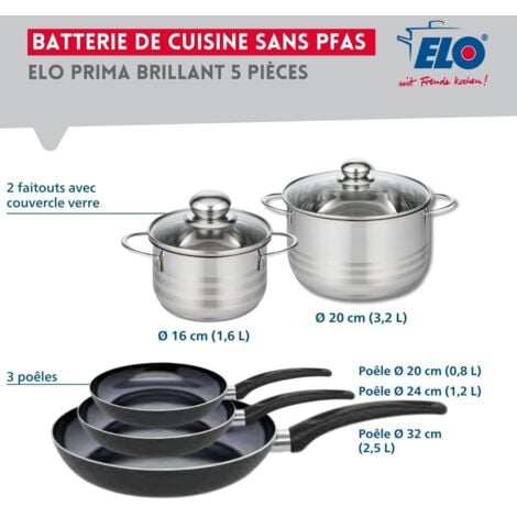 Ensemble de 3 Poêles de cuisson 20, 24 et 32 cm et 2 faitouts 16 et 20 cm Elo Prima Brillant