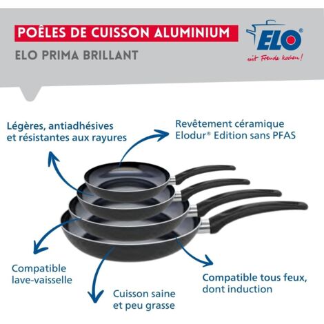 Ensemble de 4 Poêles de cuisson 20, 24, 28 et 32 cm et 1 faitout 16 cm Elo Prima Brillant