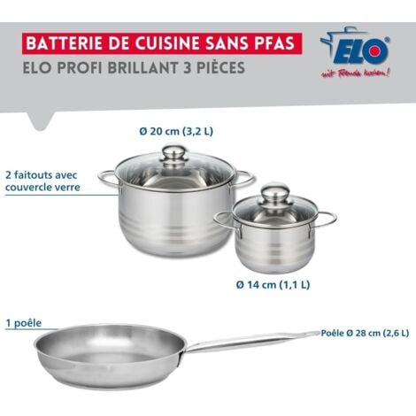 Ensemble de 1 Poêle de cuisson 28 cm et 2 faitouts 14 et 20 cm Elo Profi Brillant