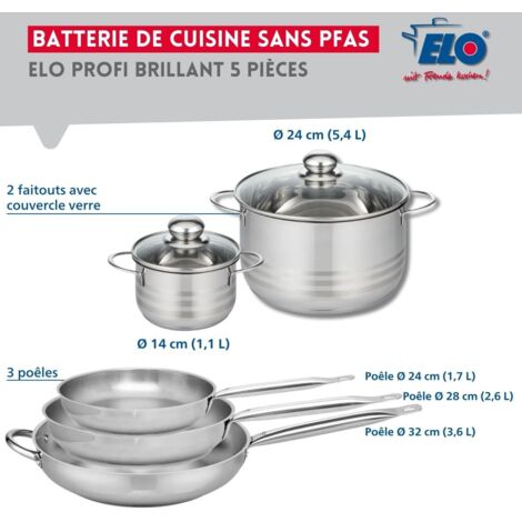 Ensemble de 3 Poêles de cuisson 24, 28 et 32 cm et 2 faitouts 14 et 24 cm Elo Profi Brillant