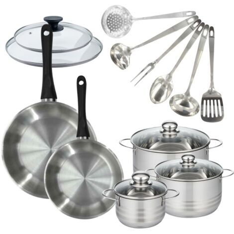 Set de 2 poêles 24, 28 cm inox, couvercles verre, 3 faitouts inox 16, 20 et 24 cm et 6 ...