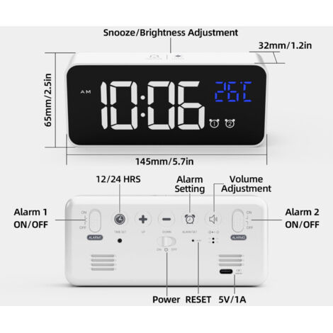 Digital Alarm Clock with Large LED Temperature Display, Portable Mirror ...