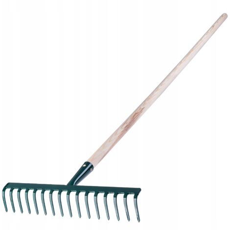 KADAX Metal Rake, Flat Rake with Wooden Handle, Green, 16 Tines