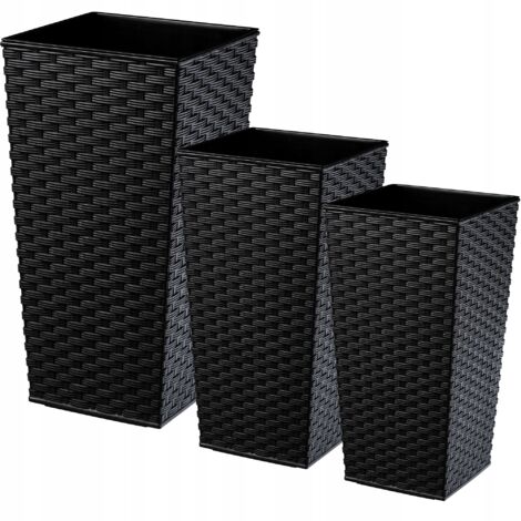 KADAX Rattan Flower Pot Set, Plastic Flower Pots, 25+30+35 cm, Black