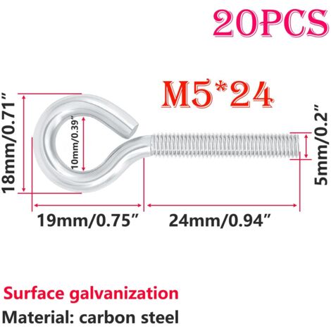 20 Pièces Boulons à Œillet M5 x 24 mm, Acier au Carbone Zingué, Anneaux ...