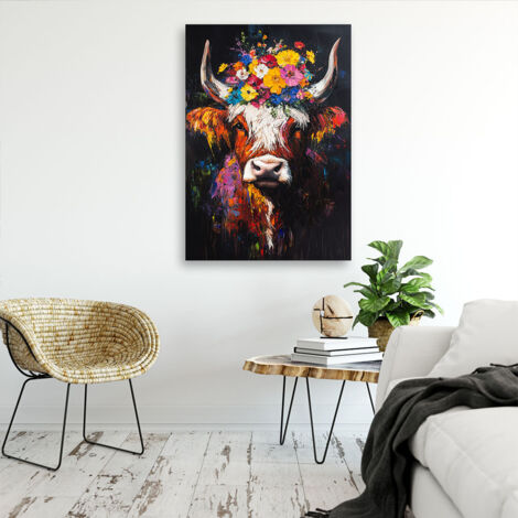 Cadre déco Vache écossaise avec des fleurs sur la tête 70x100