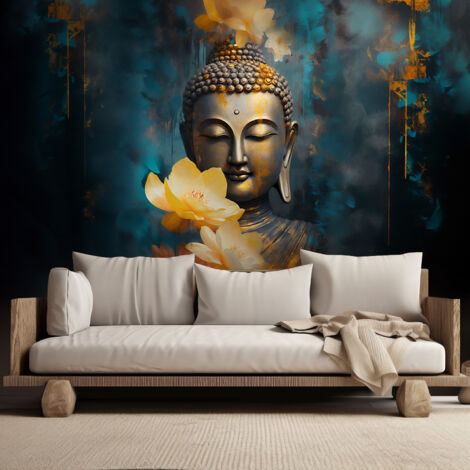 Papier peint anti-imperfections Bouddha fleurs dorées mural 300x210 ...