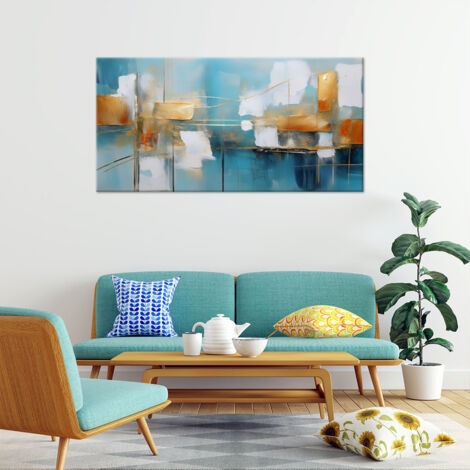 Tableau déco Turquoise Abstrait avec or 100x50