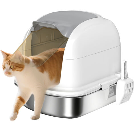 Litière pour chat en acier inoxydable avec couvercle blanc 52cm ...
