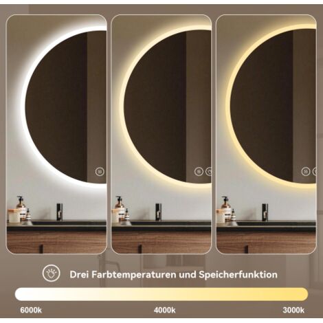 Miroir salle de bain LED 70 cm rond tactile lumière trois teintes ...