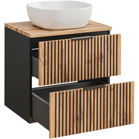 Meuble sous vasque à suspendre XILO NOIR CHÊNE 60 cm avec le plan CHÊNE ...