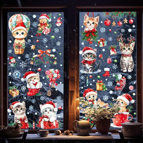 9Pcs Chat Stickers Noel , Electrostatique Autocollant Noel , Chaton ...