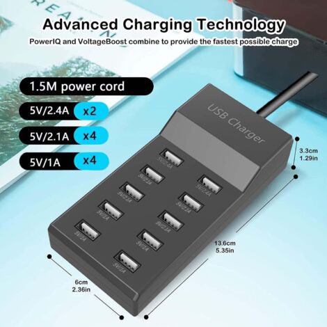 Chargeur USB multiple, 10 ports, 40 W, station de charge multi-ports ...