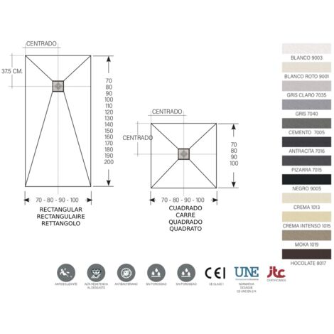 Plato de ducha ardesia extraplano color Moka RAL 1019 90x90cm rejilla acero
