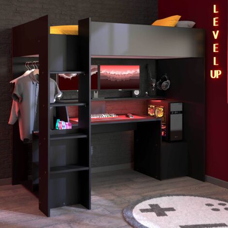 Lit mezzanine Gamer LevelUp 90x200cm avec bureau gamer - noir